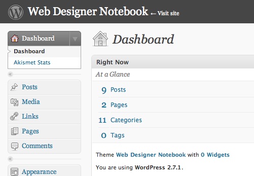 Wordpress’s admin panel – Dashboard – Web Designer Notebook
